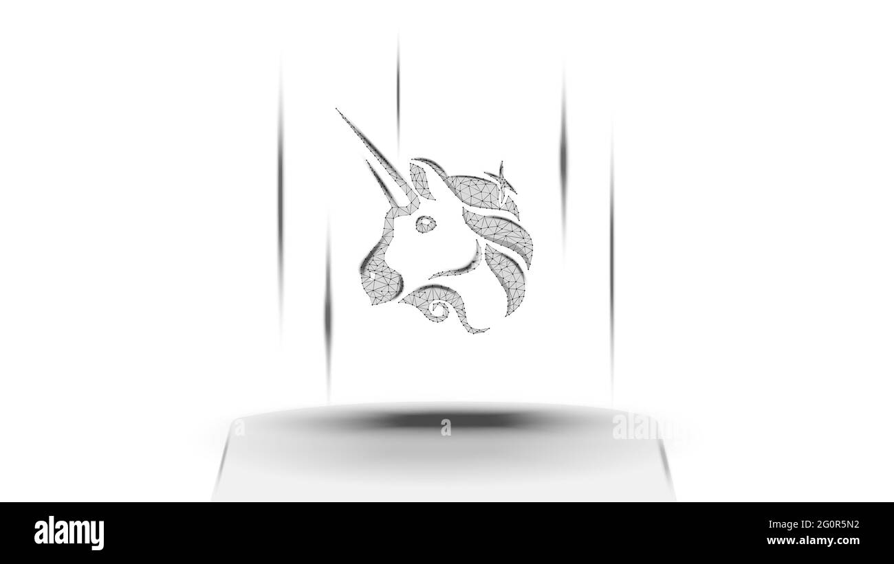 Uniswap UNI token symbol of the DeFi system above the pedestal on white ...