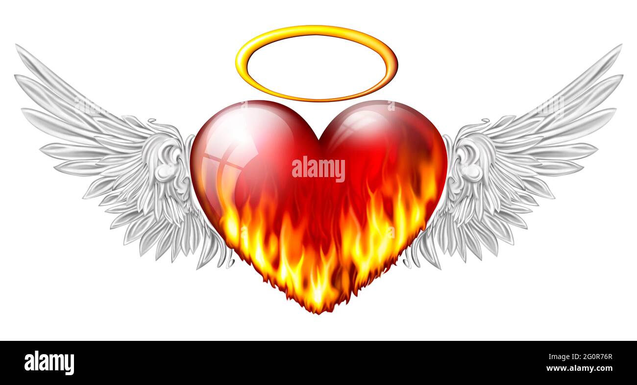 Red hart with wings pierced by an Amour`s arrow on the white background ...