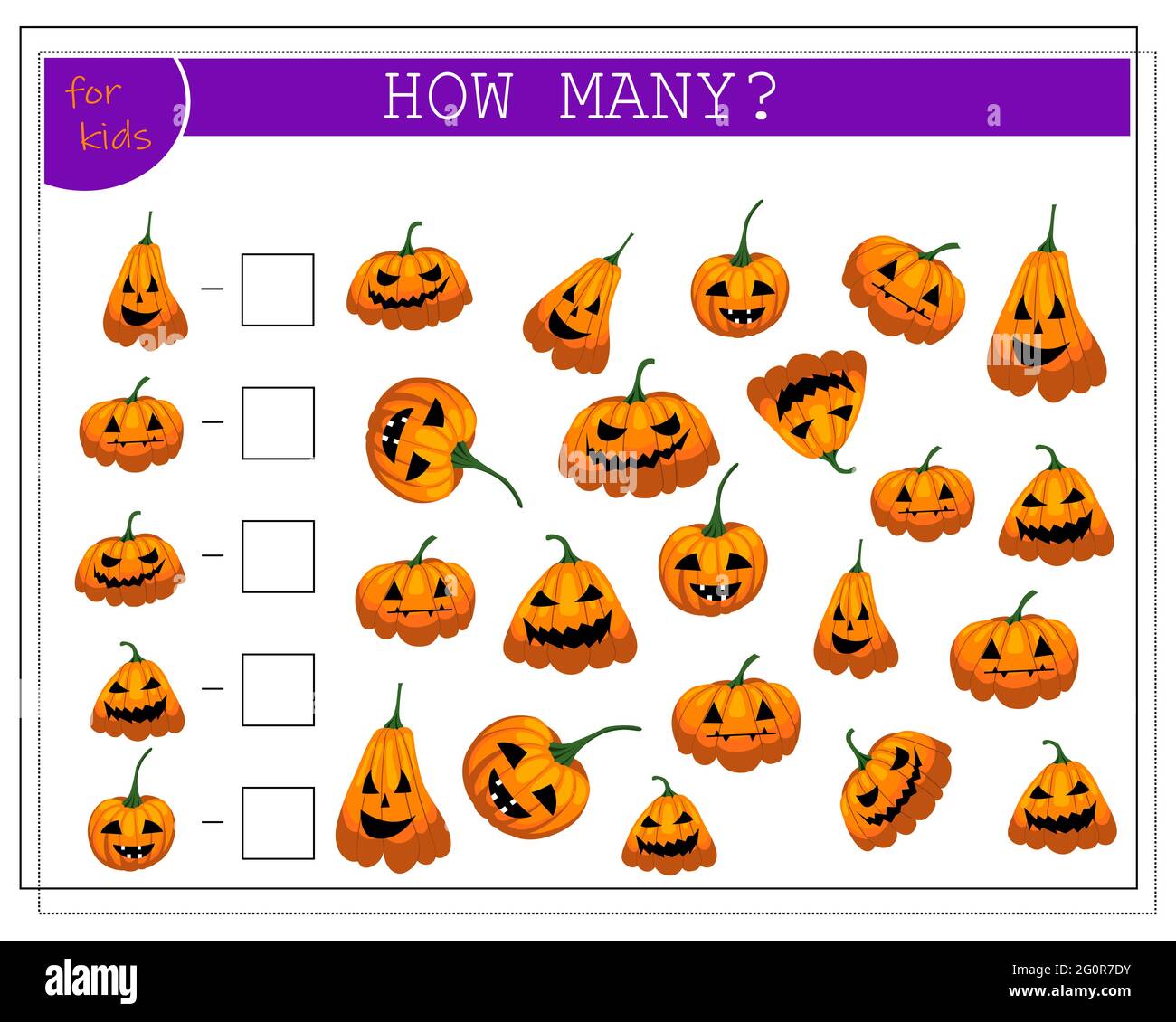 math game for kids count how many of them, pumpkins, Halloween. vector ...