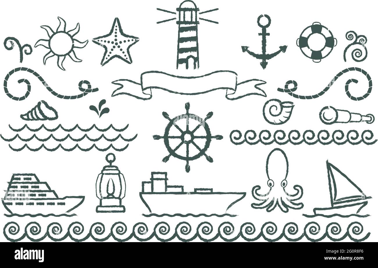 Hand drawn sea symbols set hi-res stock photography and images - Alamy