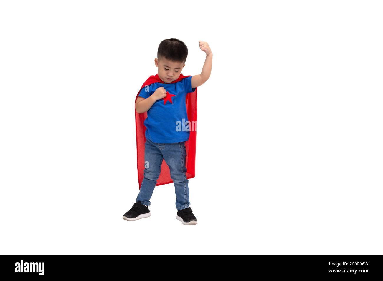 Asian boy with funny little power of hero isolated on white background ...