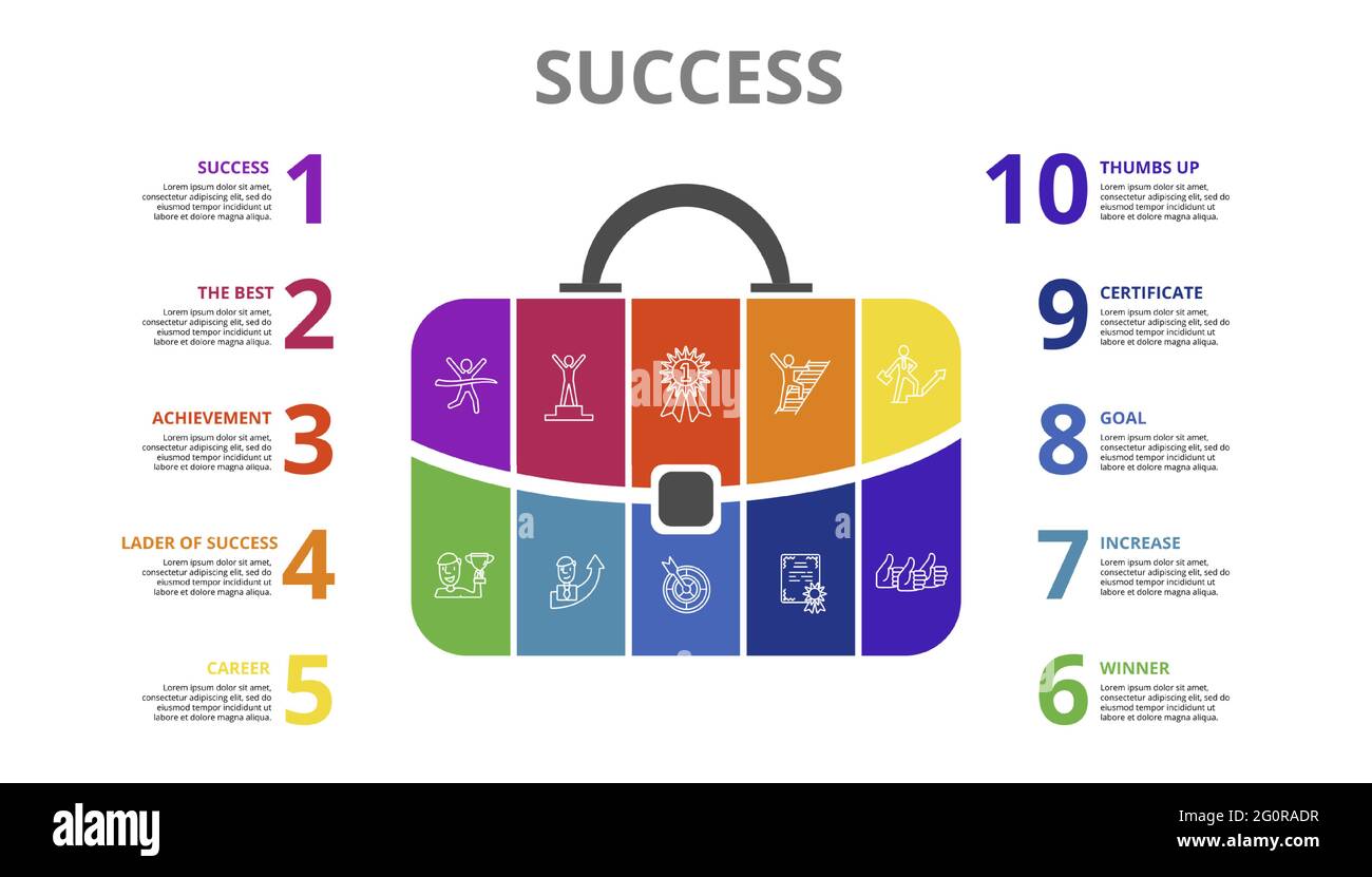 Infographic Success template. Icons in different colors. Include ...