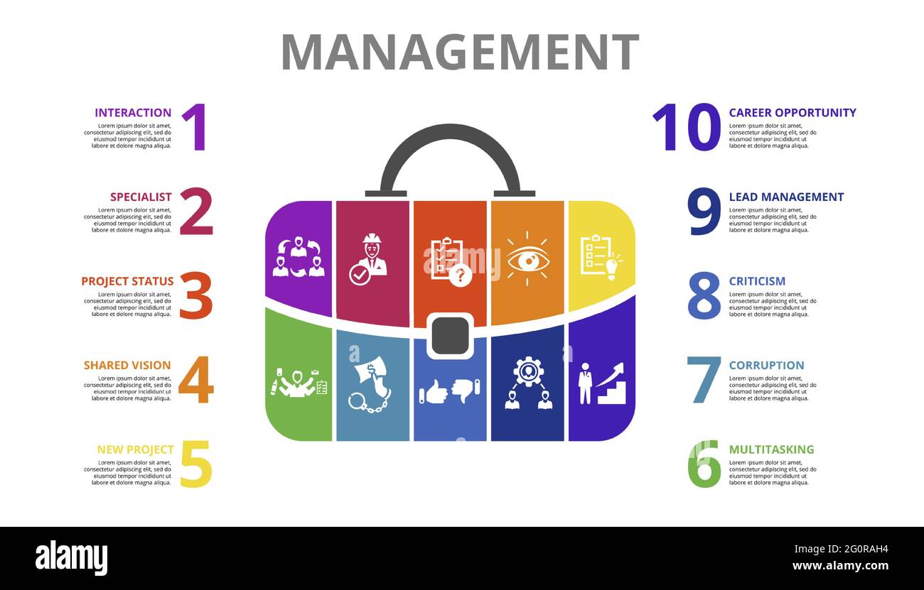 Infographic Management template. Icons in different colors. Include ...