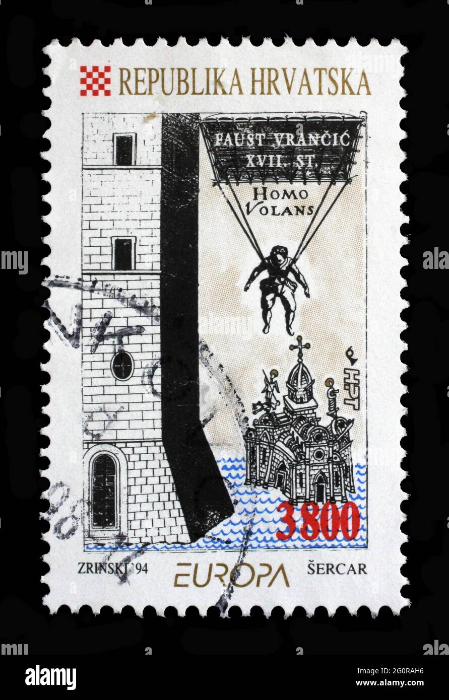 A stamp printed in Croatia shows Homo volans by Faust Vrancic, circa ...