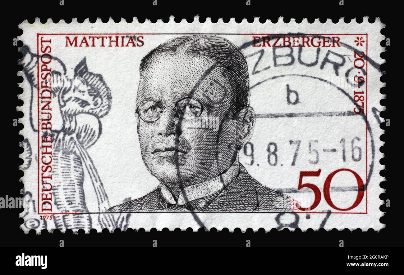 A stamp printed in Germany shows Matthias Erzberger (1875-1921 ...