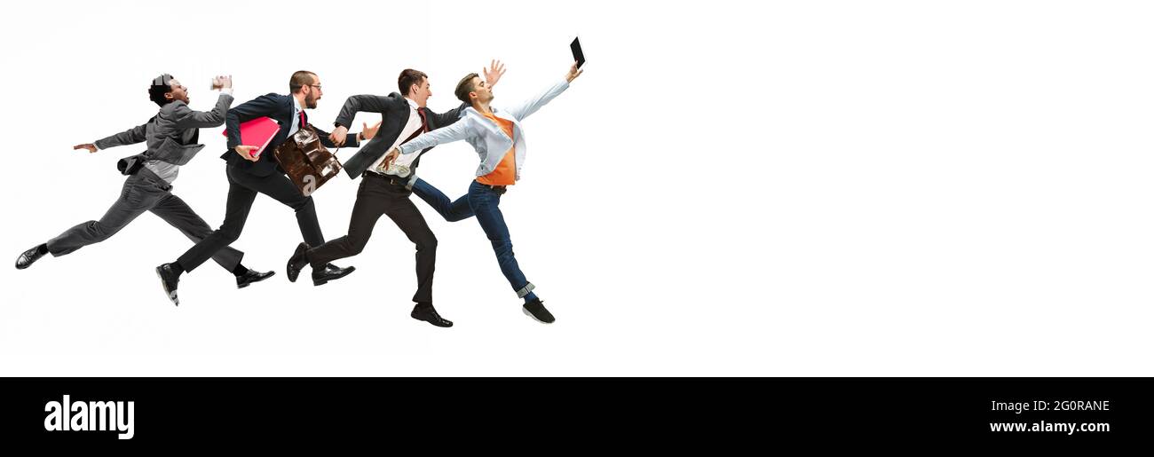 Happy office workers jumping and dancing in casual clothes with folders ...