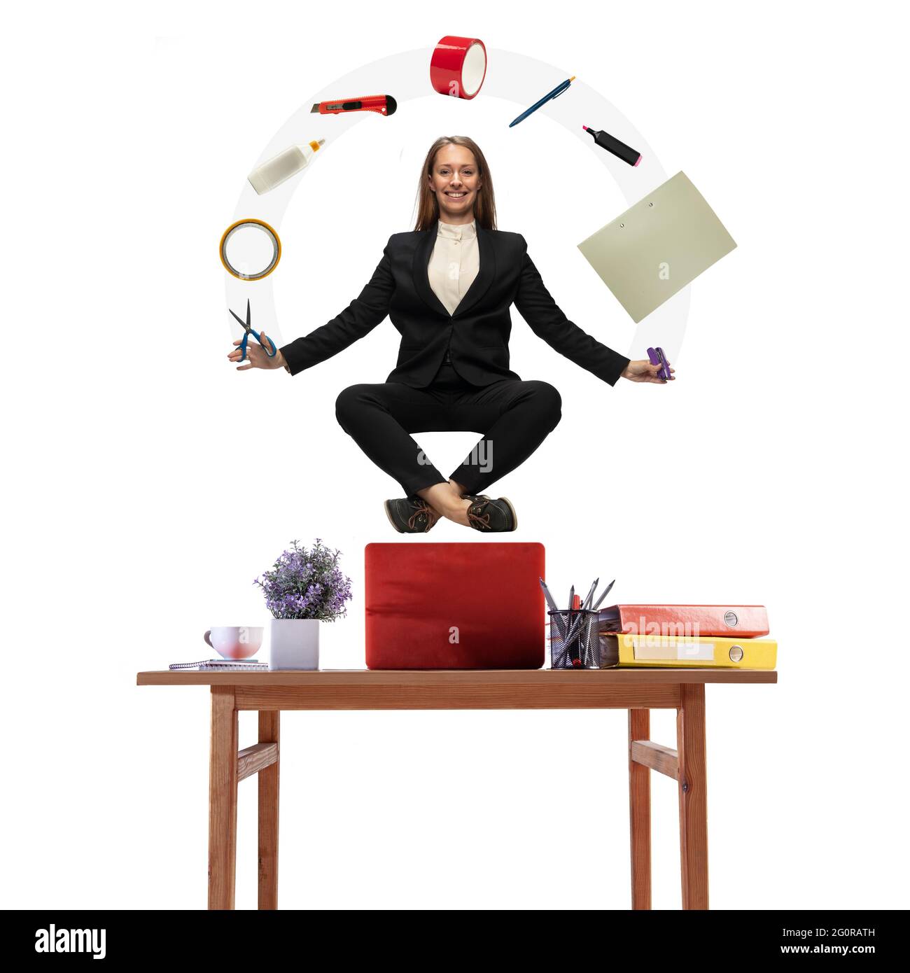 Beautiful young woman, office worker levitating isolated on white ...