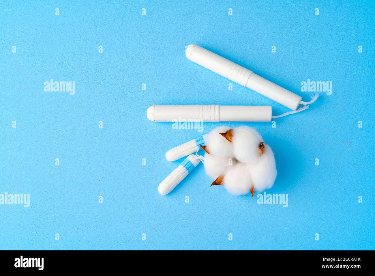 Female medical tampons and cotton flower on blue paper background Stock ...