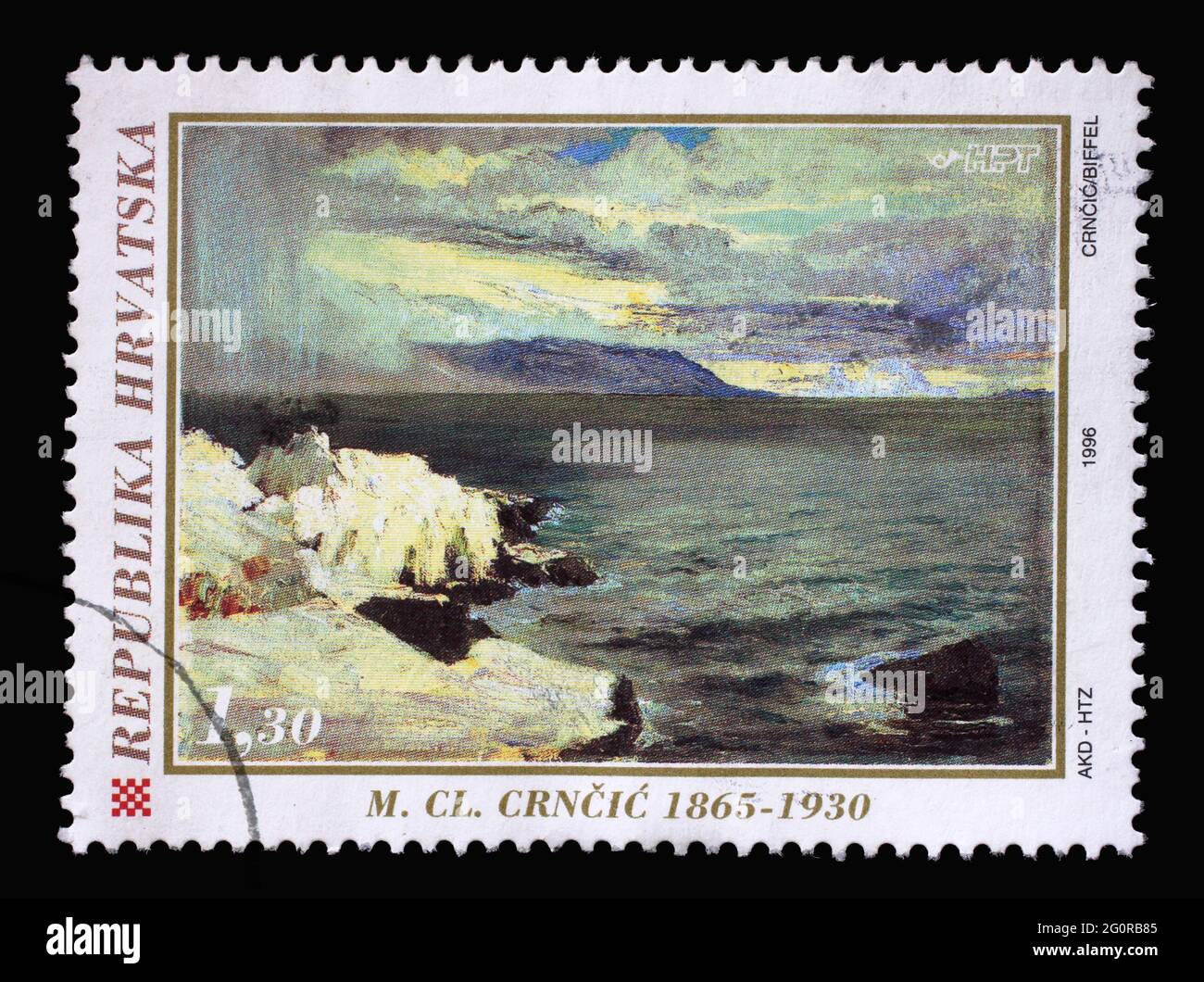 A stamp printed in Croatia shows Rain by Menci Clement Crncic (1865 ...