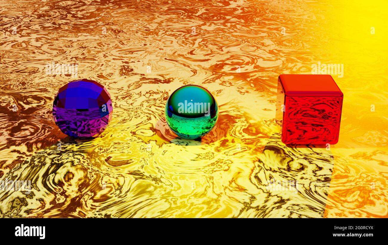 CUBE, SPHERICAL SHINING SHAPES ON AN ABSTRACT YELLOW FLOOR, 3D ...