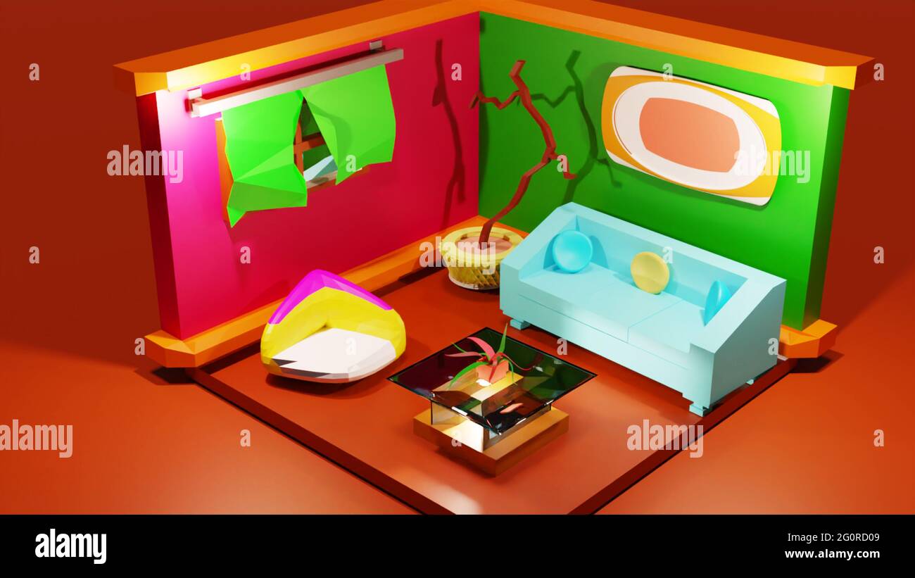 A LOW POLY COLOURFUL INTERIOR ROOM, 3d rendering, 3d illustration Stock ...