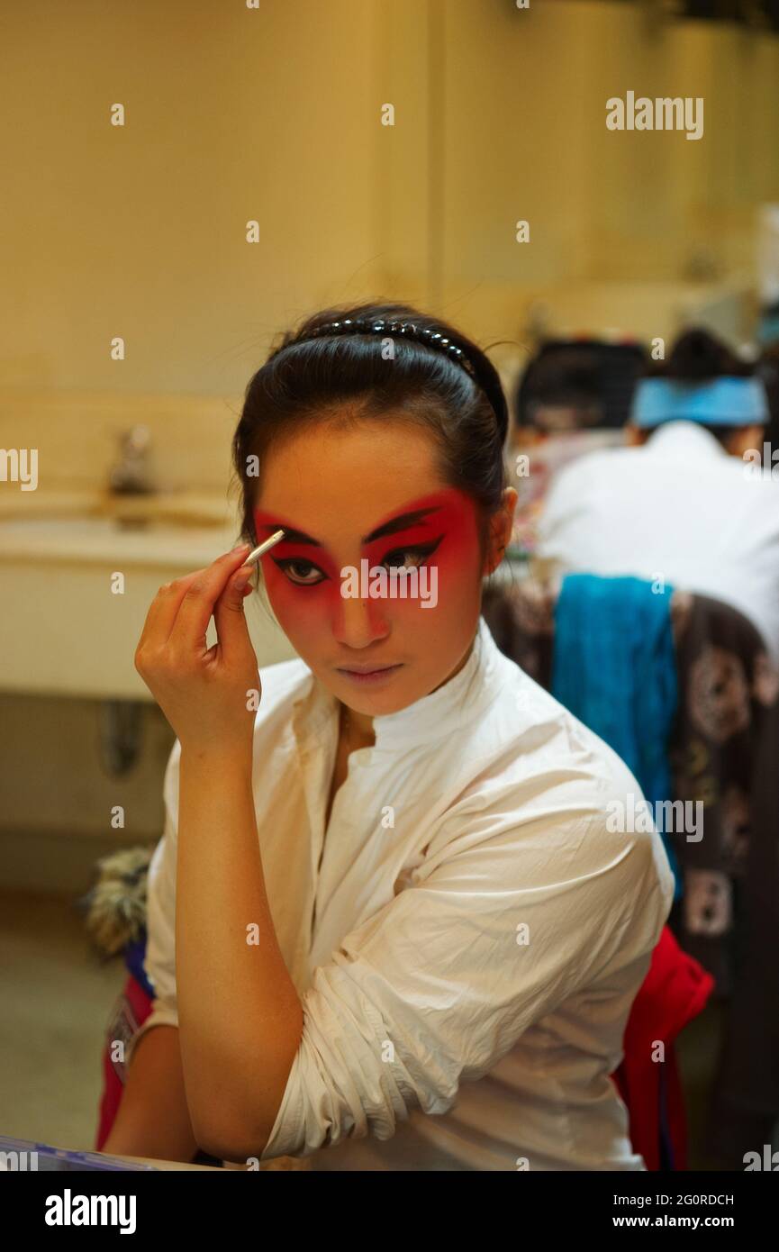 China, Shanghai, Shanghai Grand Theatre, Beijing Opera make up, back ...