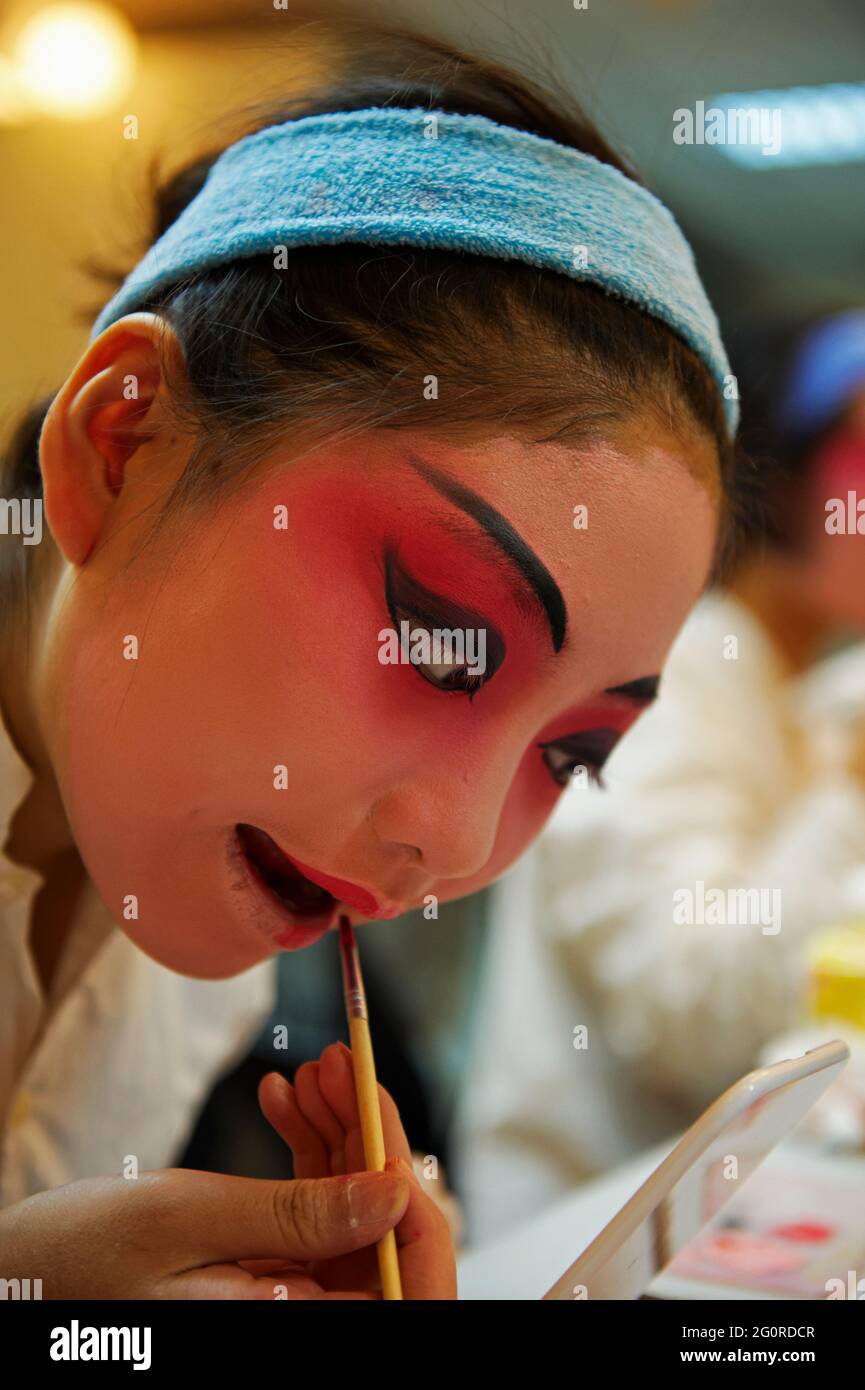 China, Shanghai, Shanghai Grand Theatre, Beijing Opera make up, back ...