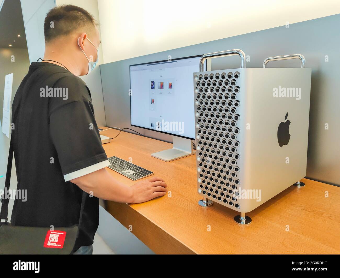 SHANGHAI, CHINA - JUNE 3, 2021 - A customer looks at a Mac Pro ...