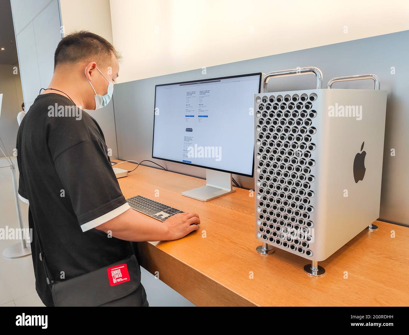 SHANGHAI, CHINA - JUNE 3, 2021 - A customer looks at a Mac Pro ...