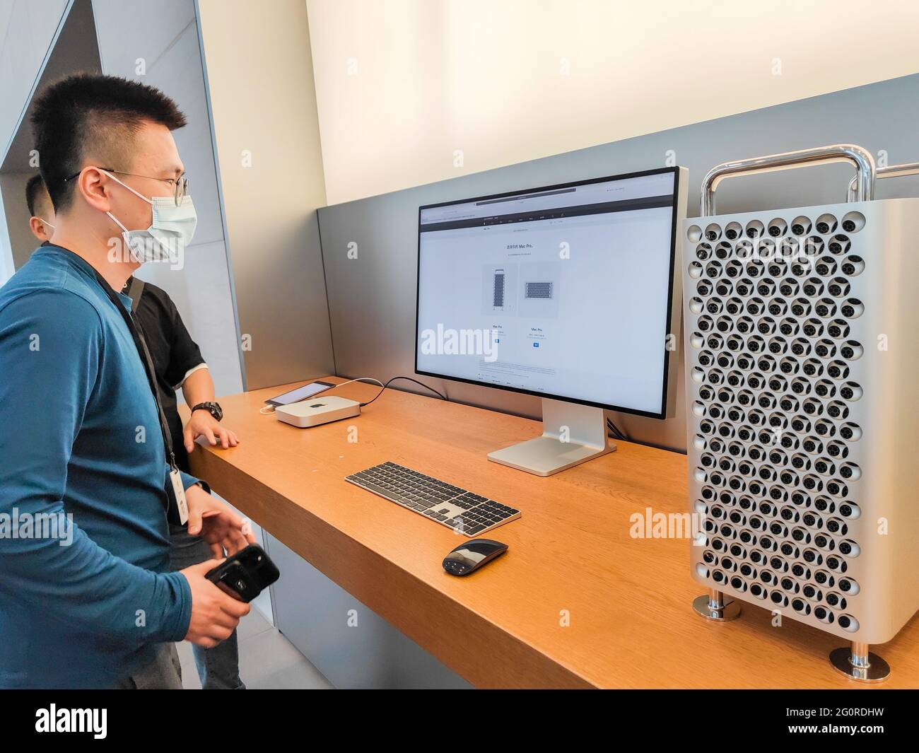 SHANGHAI, CHINA - JUNE 3, 2021 - A customer looks at a Mac Pro ...