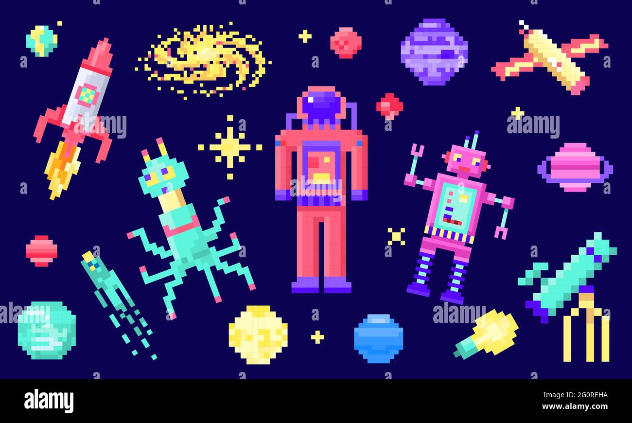 Set of space stars, alien spaceman, robot rocket and satellite cubes ...
