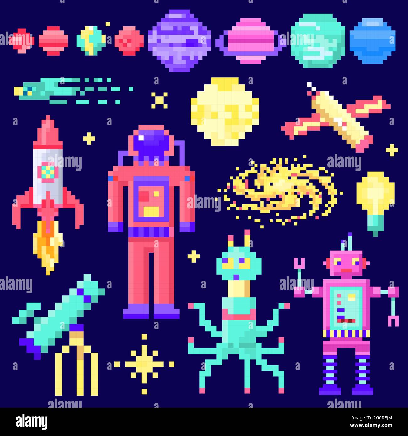 Set of space stars, alien spaceman, robot rocket and satellite cubes ...