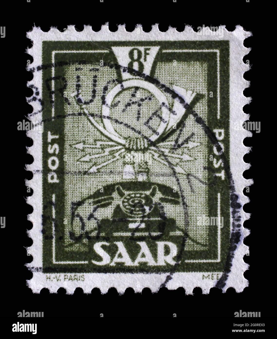Stamp from Germany area Saar shows Postal and communications symbols ...