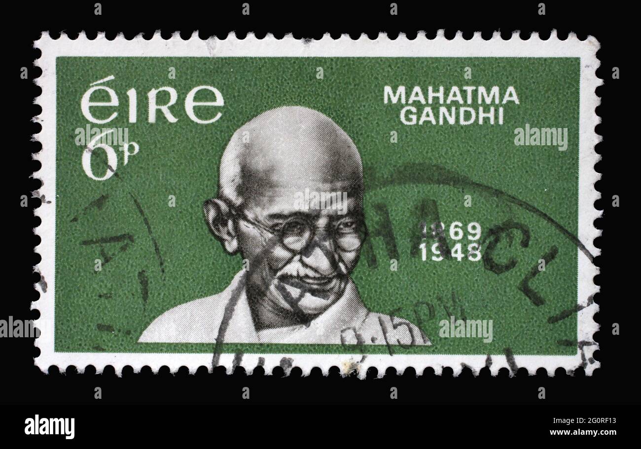 A stamp printed in Ireland shows Mahatma Gandhi 1869-1948, Birth ...