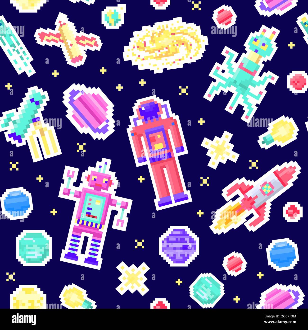 Space stars Seamless pattern. Alien spaceman, robot rocket and ...