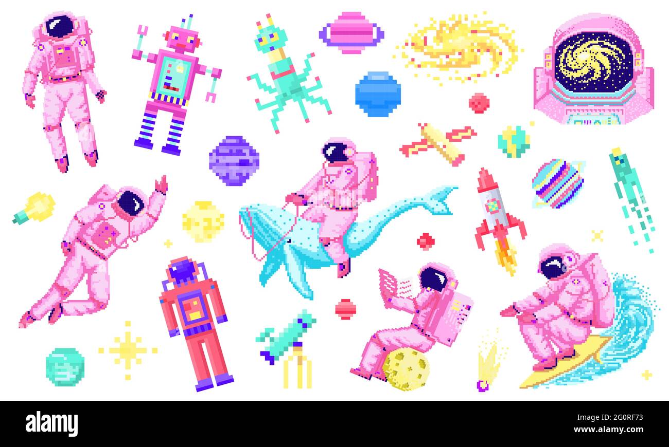 Set of space stars, alien spaceman, robot rocket and satellite cubes ...