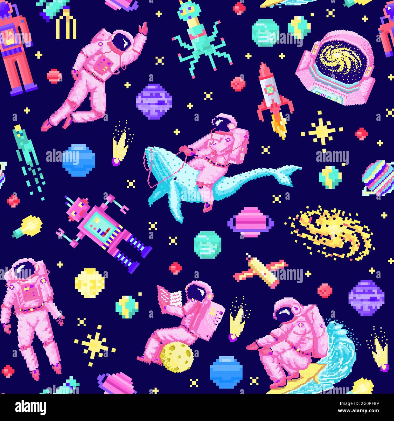 Space stars Seamless pattern. Alien spaceman, robot rocket and ...