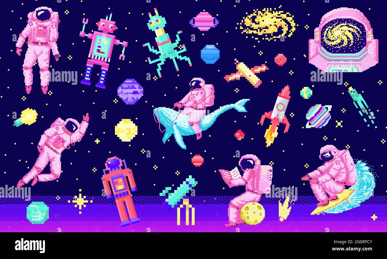 Set of space stars, alien spaceman, robot rocket and satellite cubes ...