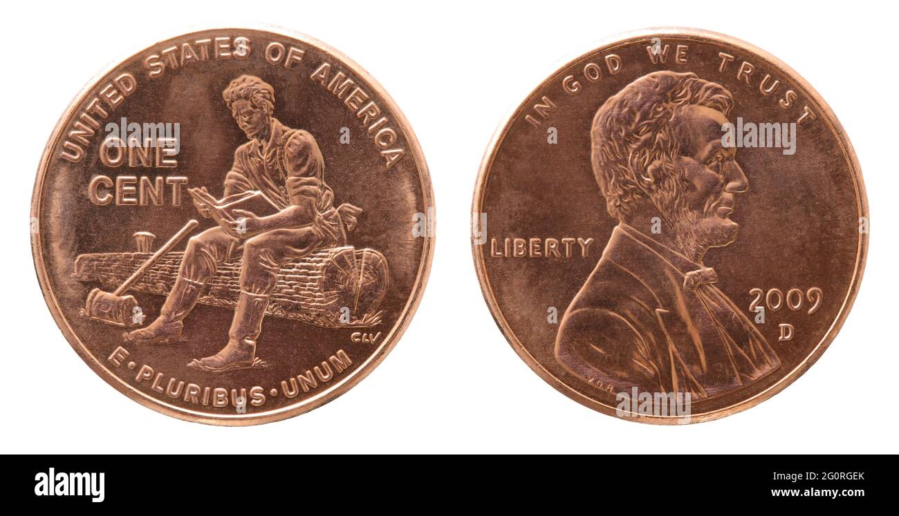 Obverse and reverse of 2009 one cent copper us coin isolated on white ...