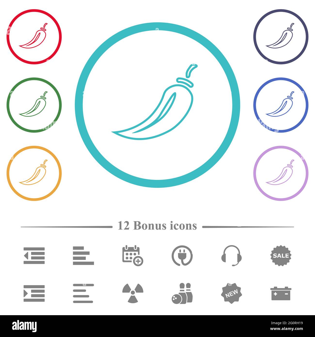 Chili pepper flat color icons in circle shape outlines. 12 bonus icons ...