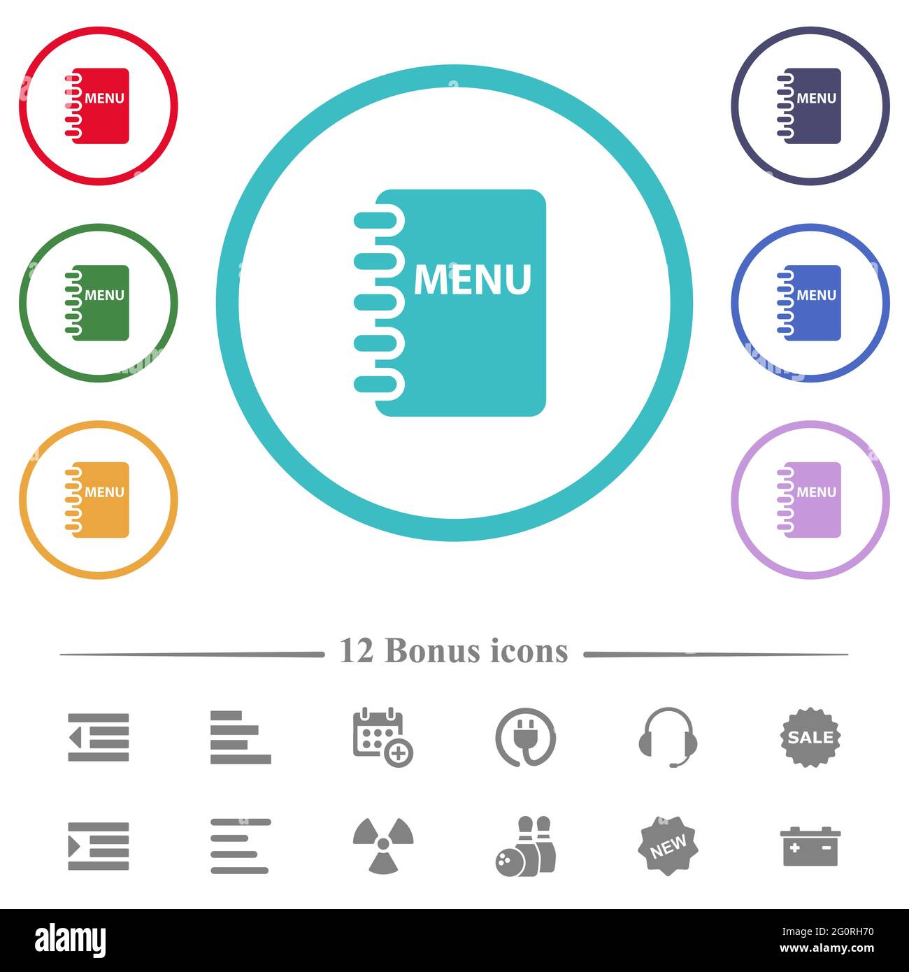 Menu flat color icons in circle shape outlines. 12 bonus icons included ...
