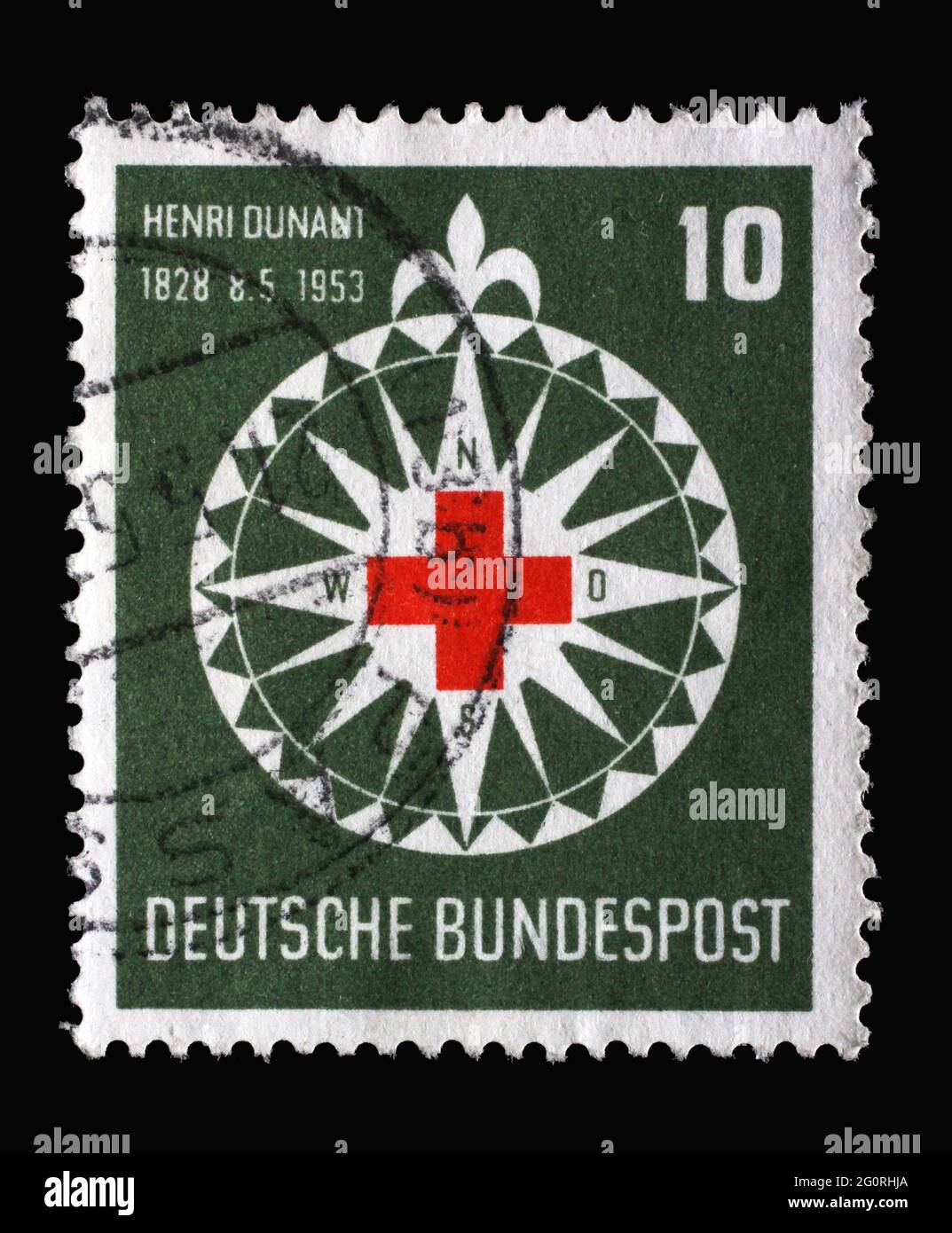Stamp printed in Germany, shows symbol of the Red Cross in a stylized ...