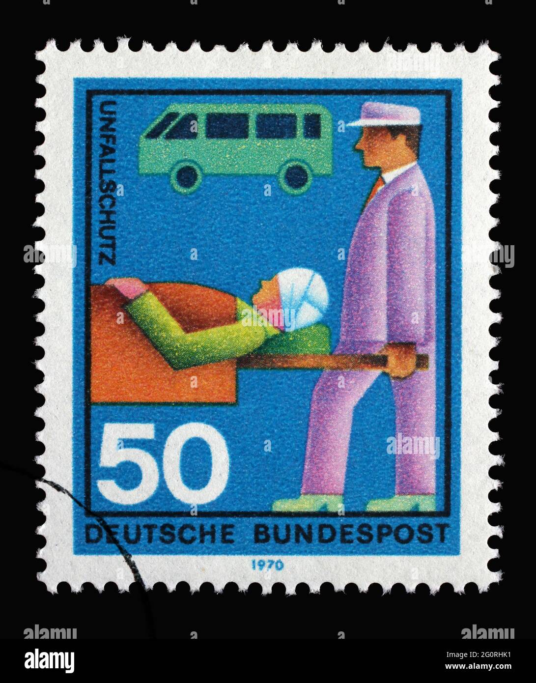 Stamp printed in Germany showing a rescuer carries injuries into a ...