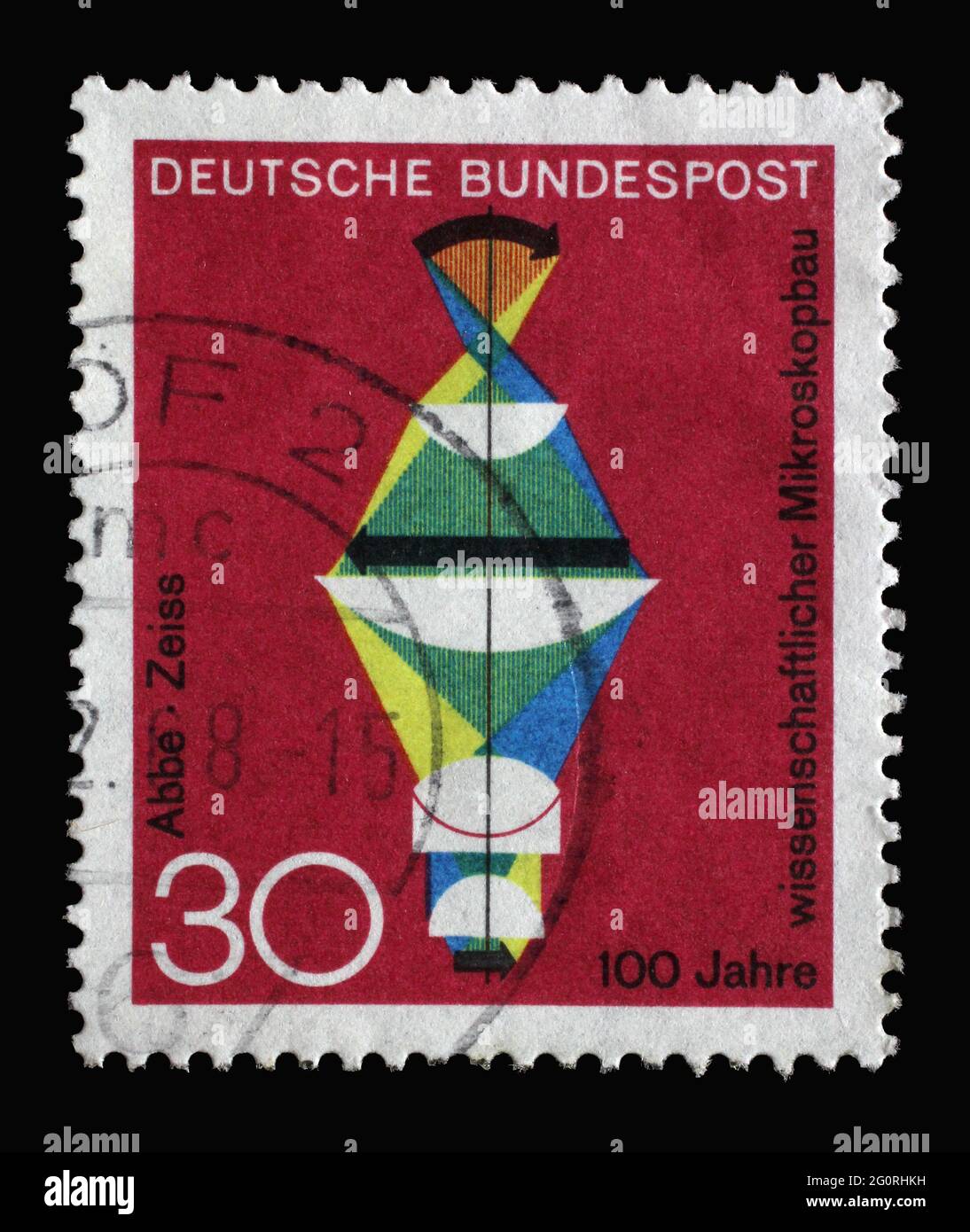 Stamp printed in Germany showing the graphic representation of lenses ...