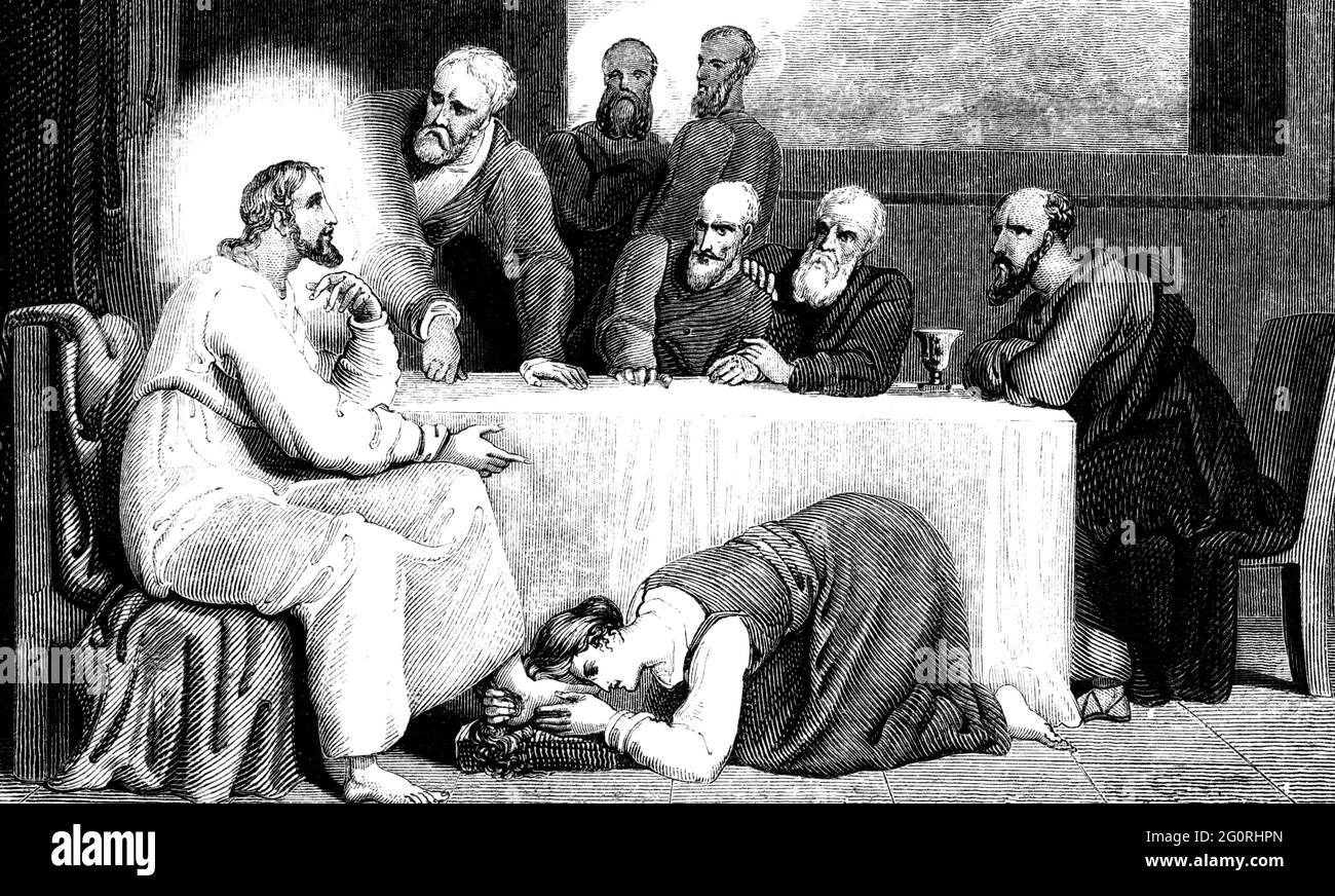 Engraved illustration image of Mary Magdalene washing the feet of Jesus ...