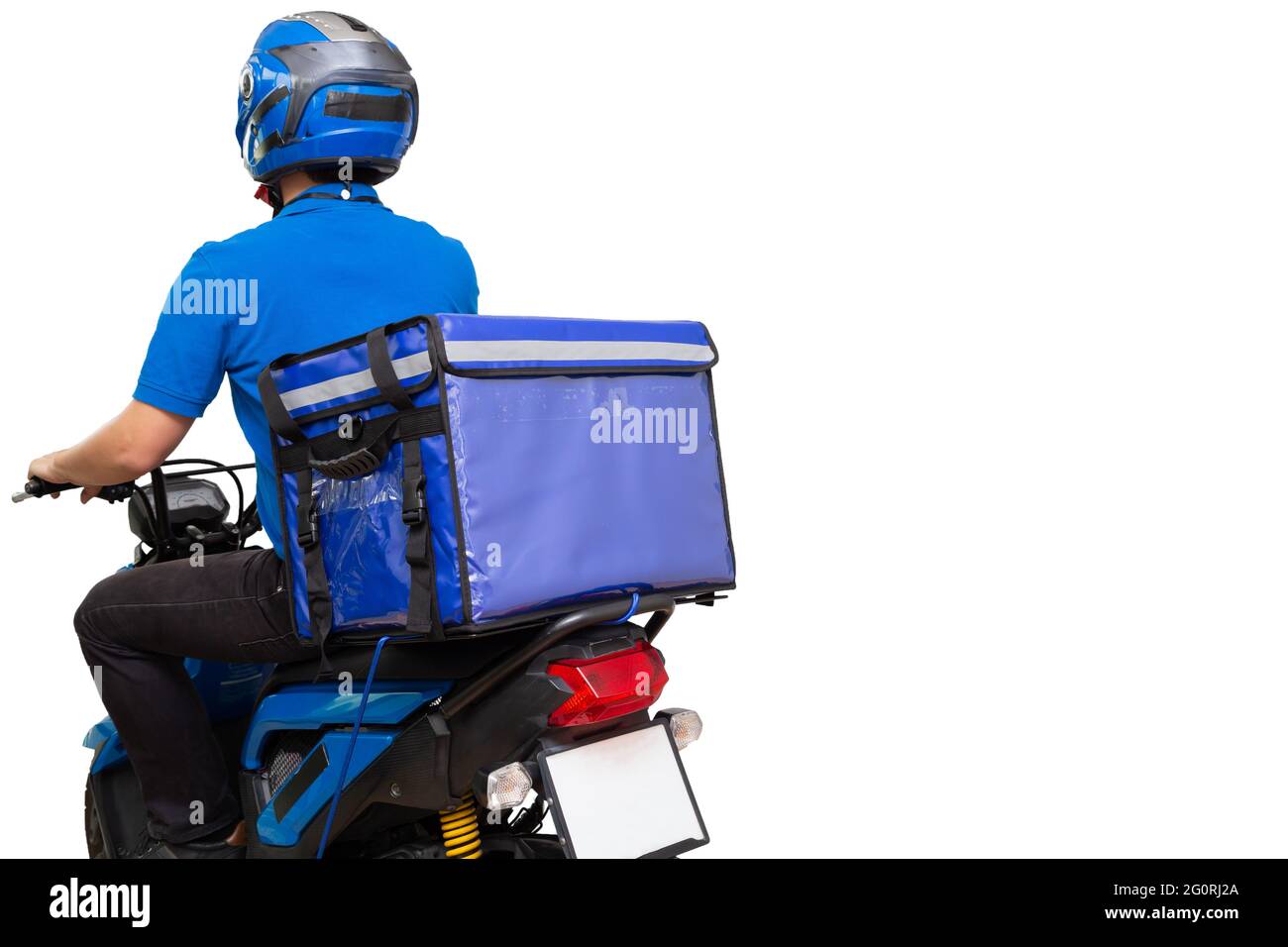 Delivery man wearing blue uniform riding motorcycle and delivery box ...
