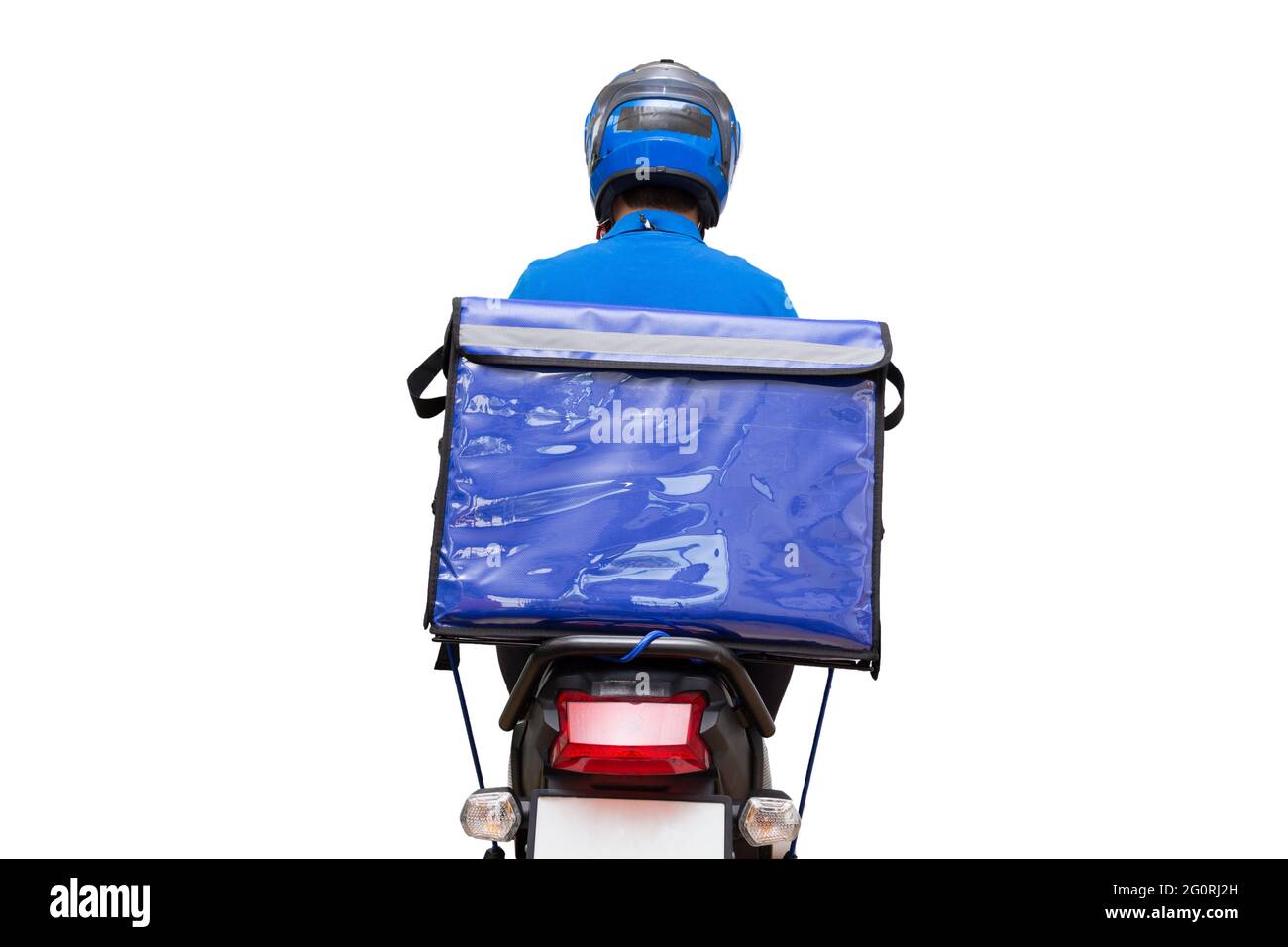 Delivery man wearing blue uniform riding motorcycle and delivery box ...