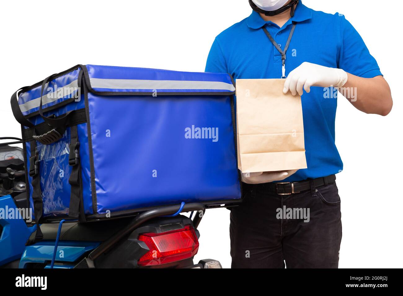 Delivery Man Wearing Blue Uniform With Delivery Box Motorbike