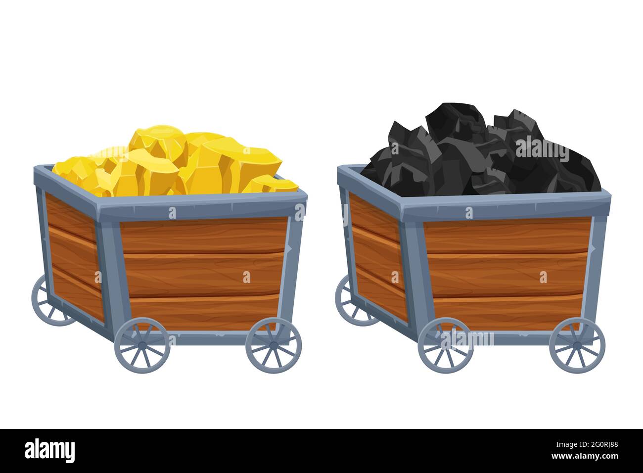 Set wooden mine cart with gold and coal ore, minerals in cartoon style ...