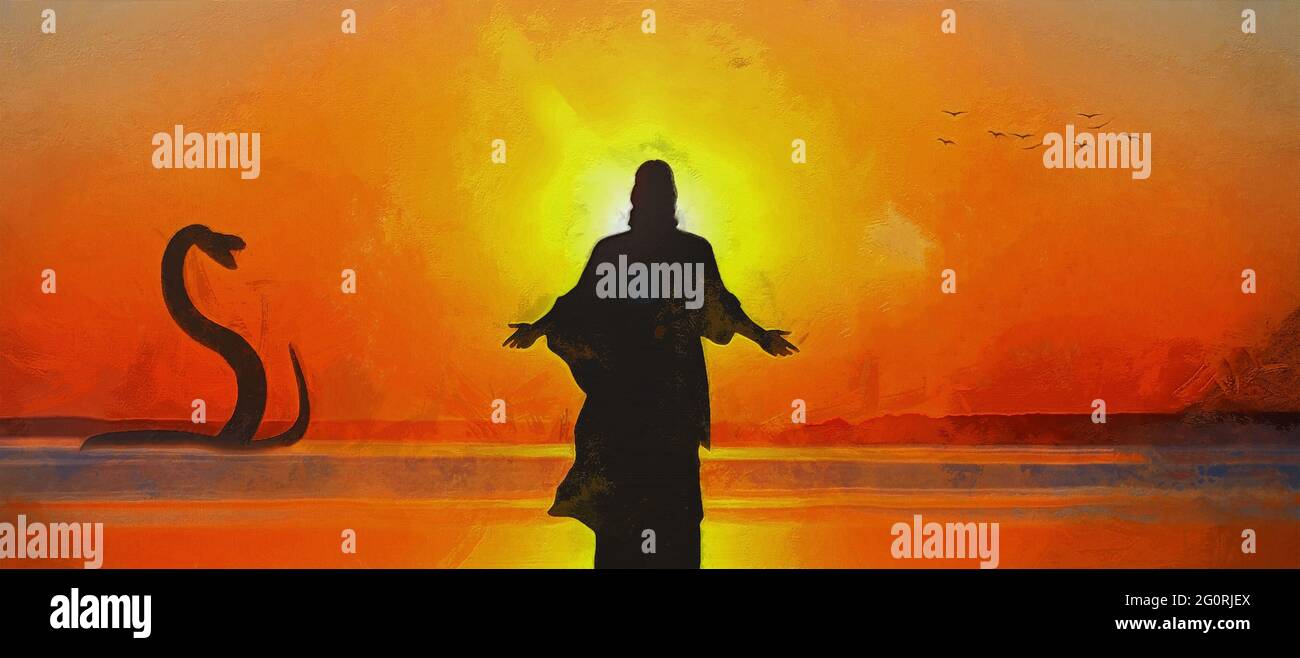 Silhouette of the Messiah on the background of the sunset. Wide ...