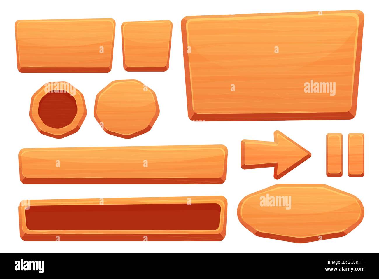 Wood button set in cartoon style with cracked details isolated on white ...