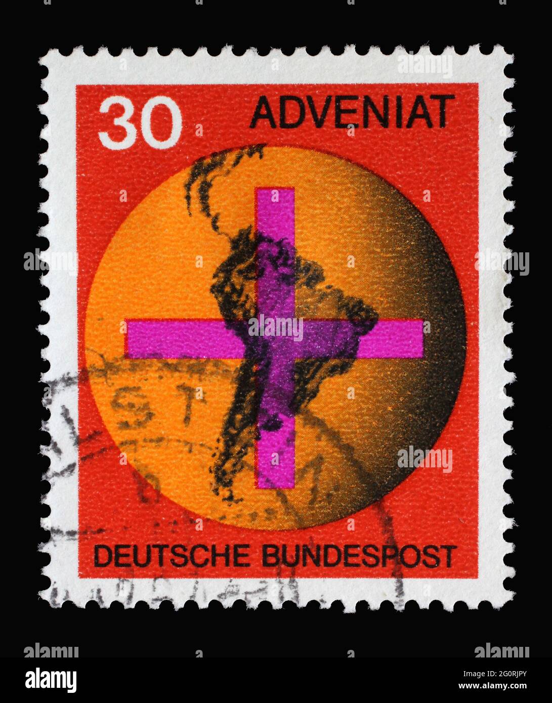 Stamp printed in Germany showing Cross in front of a globe with map of ...
