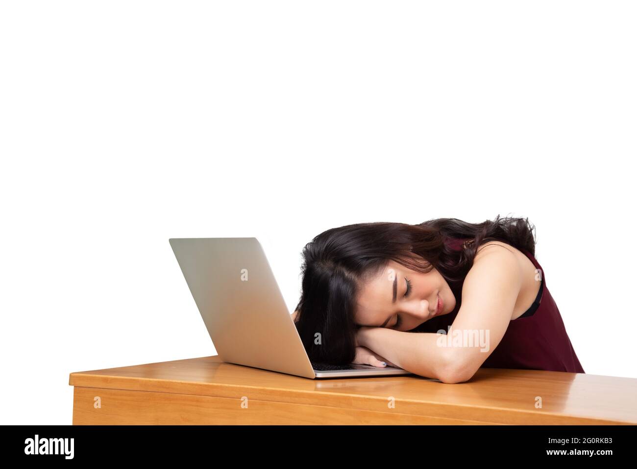 Very tired business Asian woman fell asleep on laptop computer Stock ...