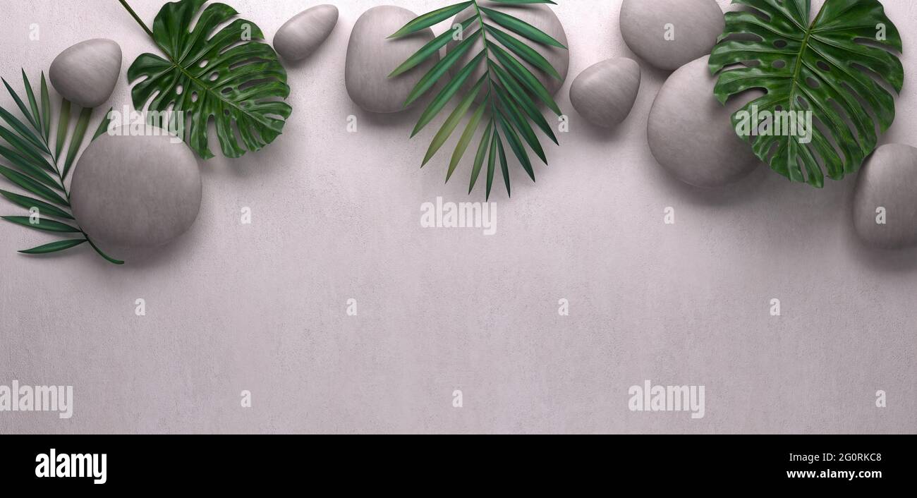Grey spa background, palm leaves and stones, top view, 3d rendering ...