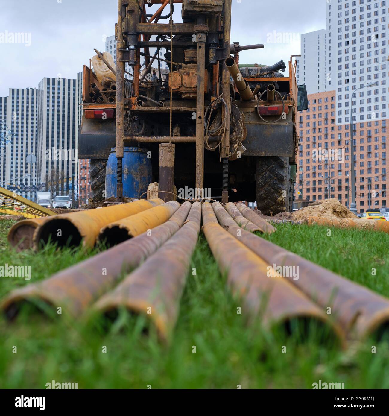 Drilling rig on a geological survey machine for construction Stock ...