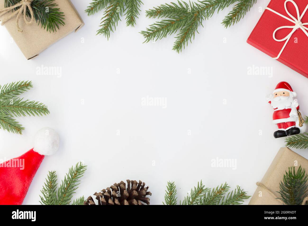Top view of Christmas composition, gift box, pine cones, fir branches ...