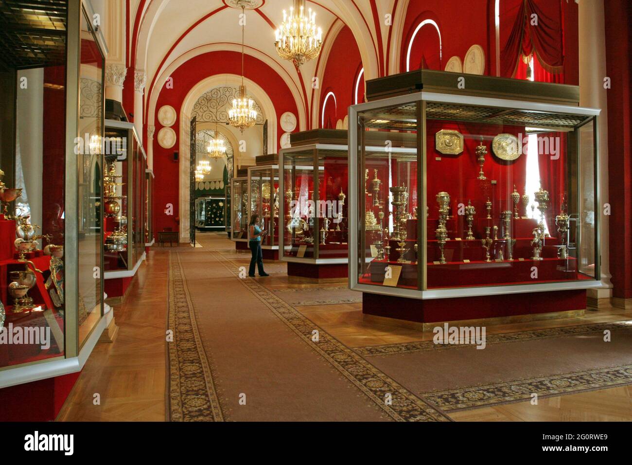 Interior of the Kremlin Museum armoury chamber display cases of west ...