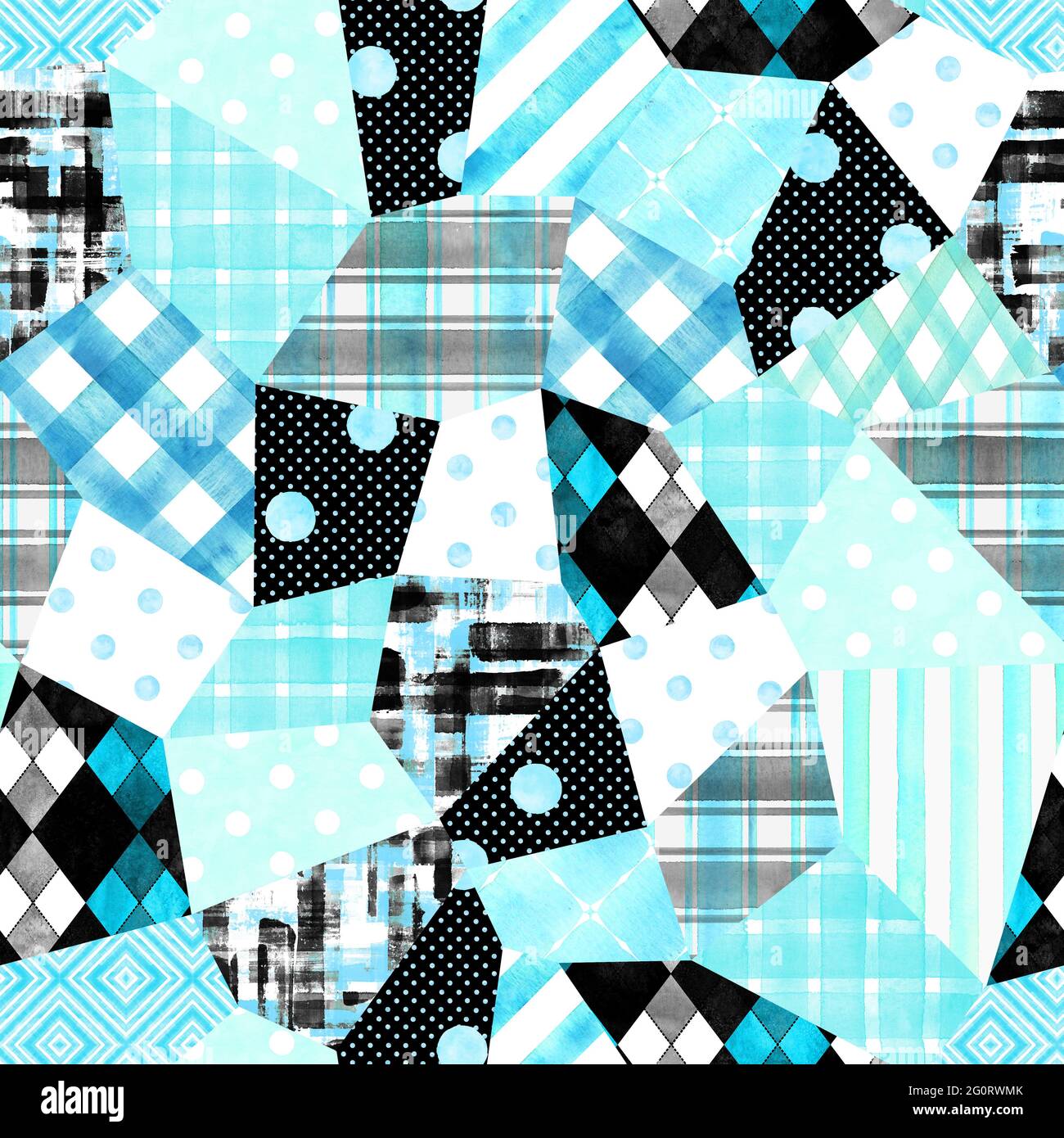 Trendy imitation sewn pieces of fabric in patchwork style. Watercolour ...