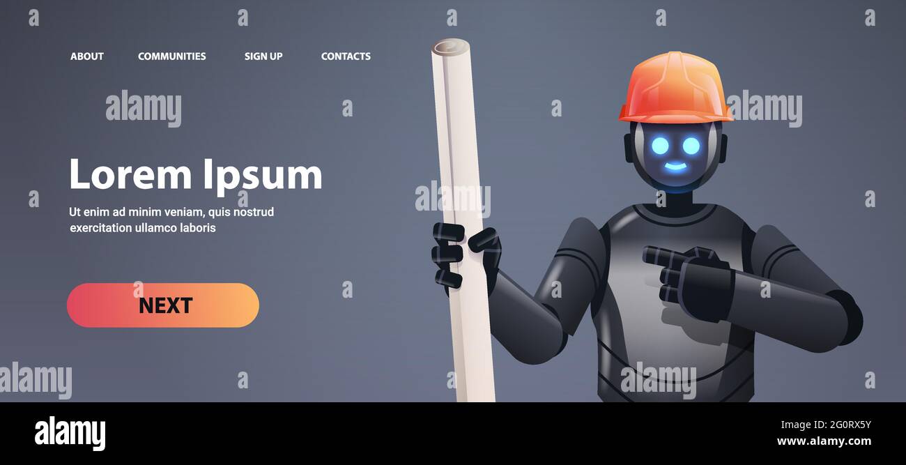 robot foreman engineer in hardhat holding drawings robotic architect ...