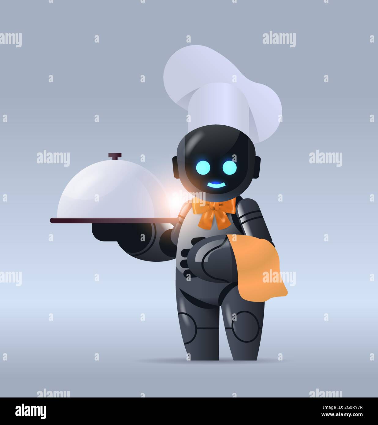 black robot chef in hat holding serving cloche modern robotic character ...